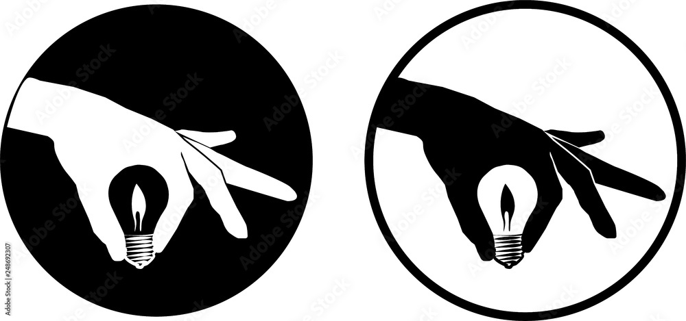Sketch drawing light bulb is burning in hand icon symbol in a circle ...