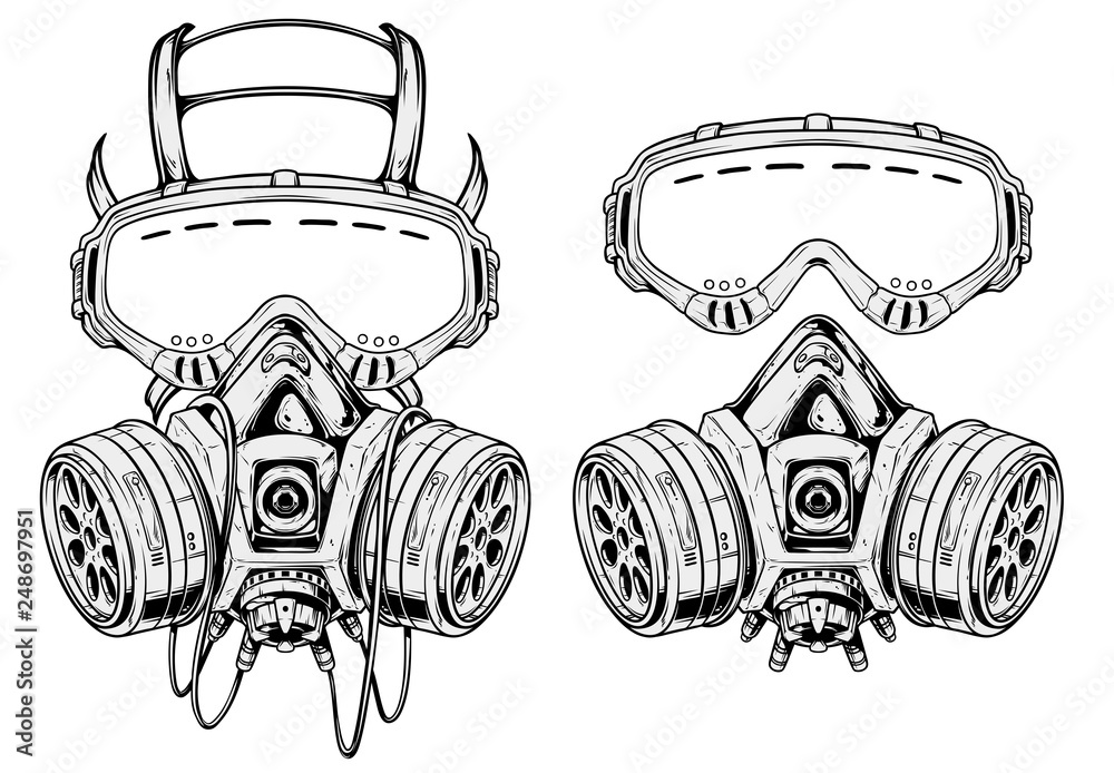 Graphic detailed black and white chemical gas mask respirator with ...