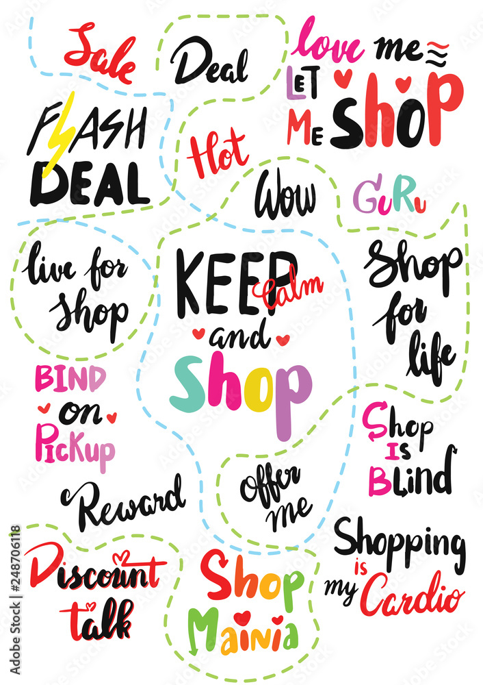 cute Shopping quote illustration set isolated on white background Stock ...