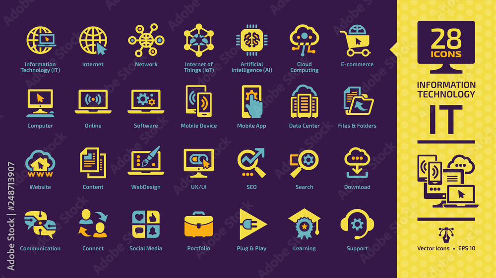 Information technology yellow glyph icon set on a dark violet ...