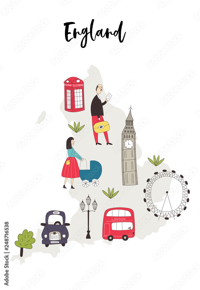 Illustrated Map of England with cute and fun hand drawn characters ...
