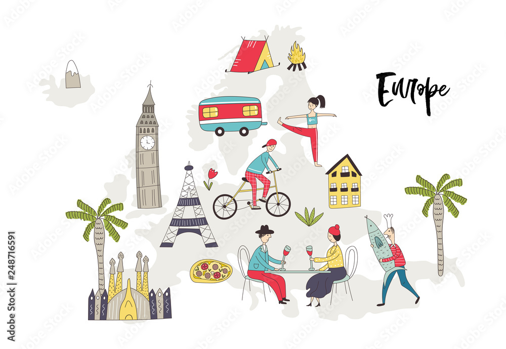 Illustrated Map of Europe with fun hand drawn characters, plants and ...