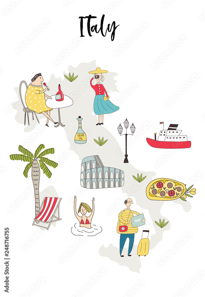 Illustrated Map of Italy with cute and fun hand drawn characters ...