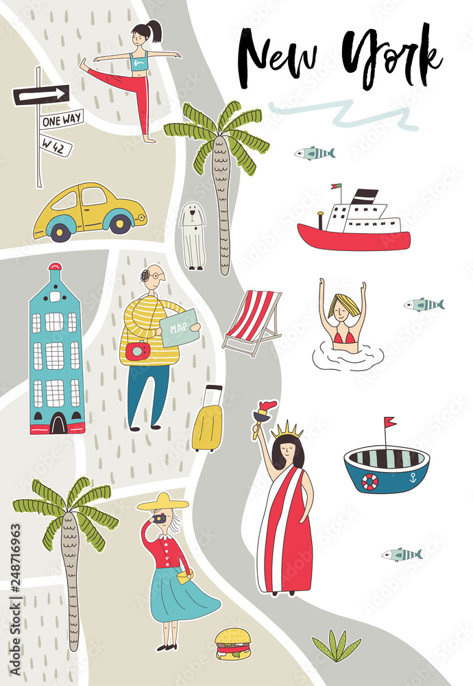 Illustrated Map of New York with cute and fun hand drawn characters ...