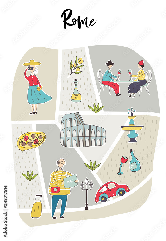 Illustrated Map of Rome with cute and fun hand drawn characters, plants ...