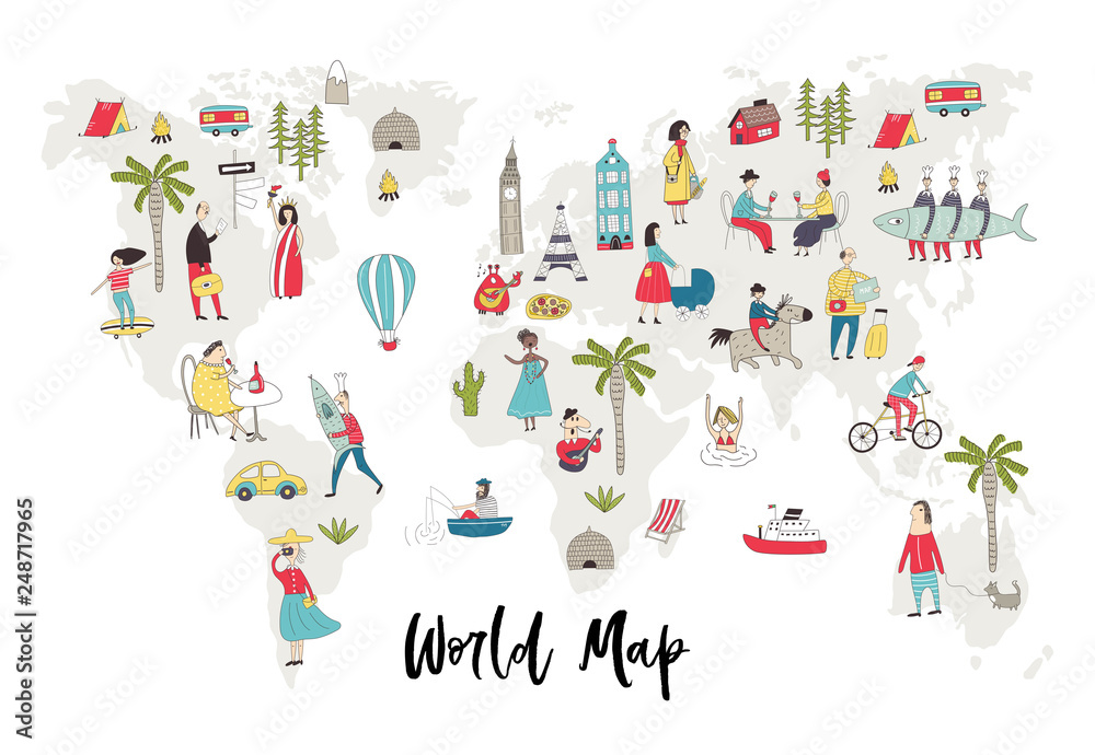 Illustrated World Map with fun hand drawn characters, plants and ...