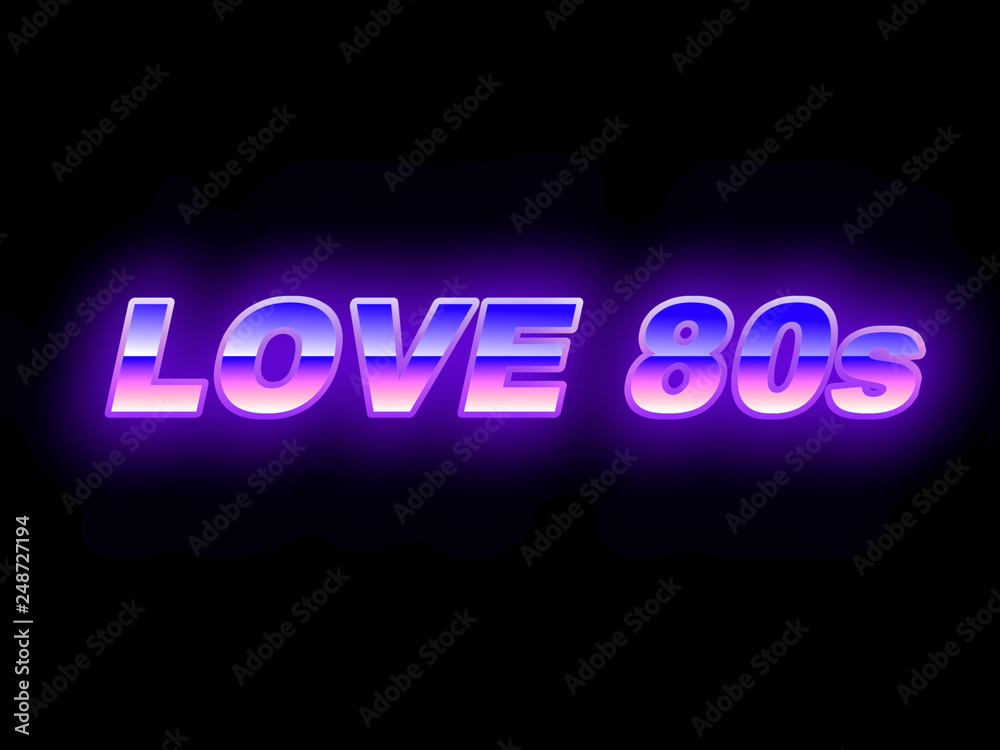 Purpule with blue futuristic text love 80s with a glow in the retro ...