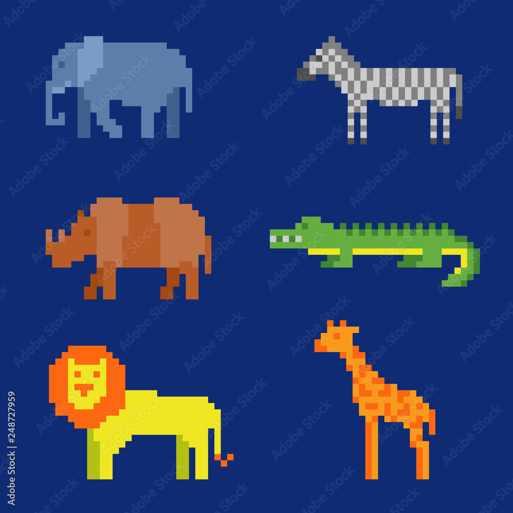 Set of pixel animals icons. Zoo or wild fauna of Africa (lion ...