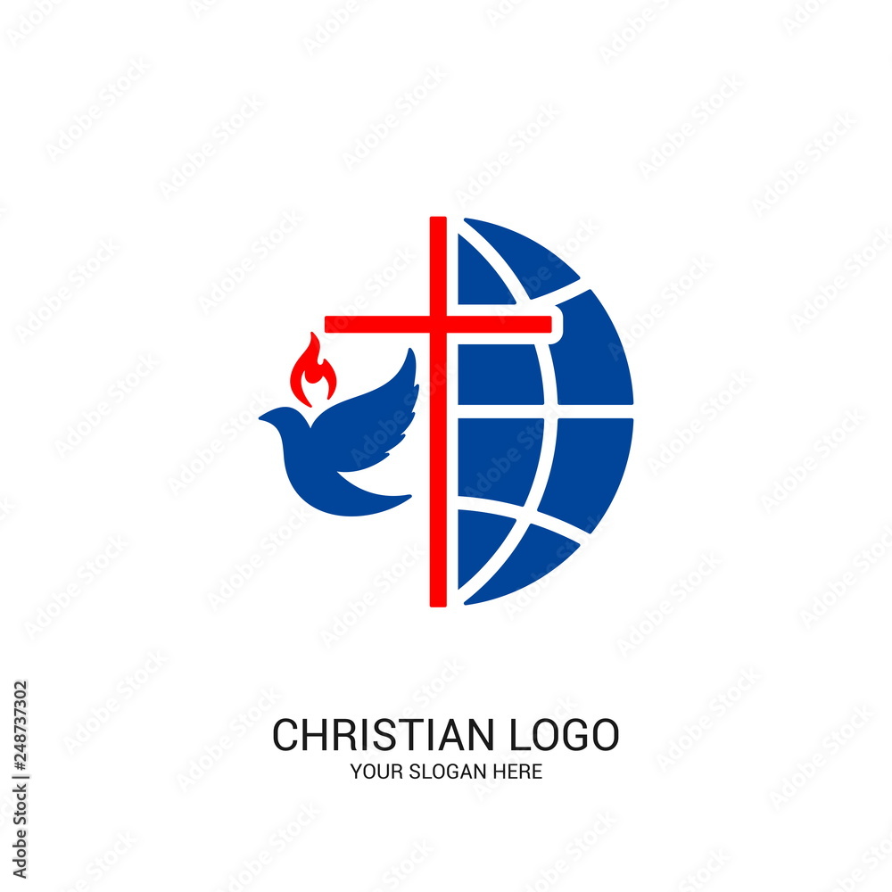 Christian church logo. Bible symbols. The globe, the cross of Jesus ...