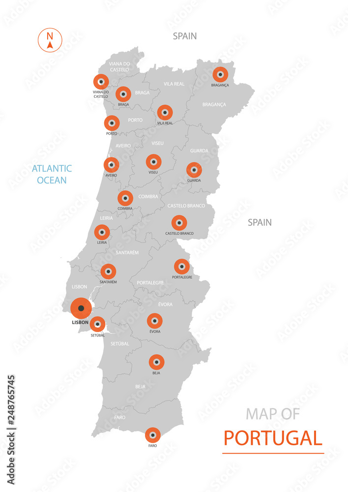 Stylized vector Portugal map showing big cities, capital Lisbon ...