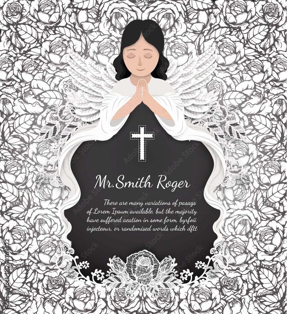 Angel with lace rose funeral card by hand drawing.Flower vector art ...
