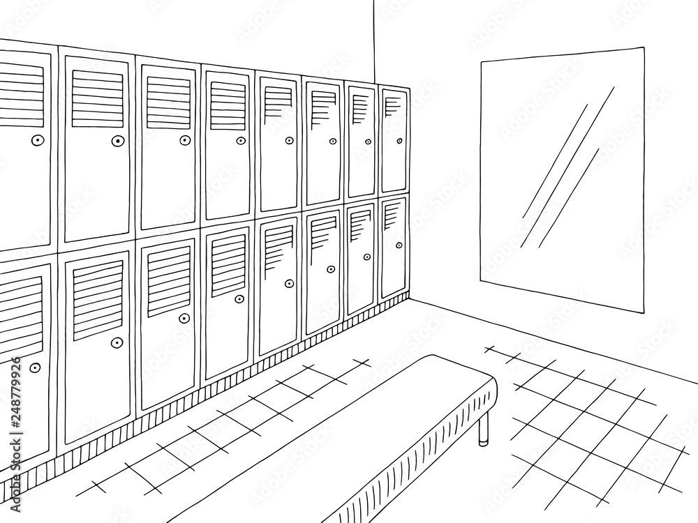 Locker dressing room graphic black white interior sketch illustration ...
