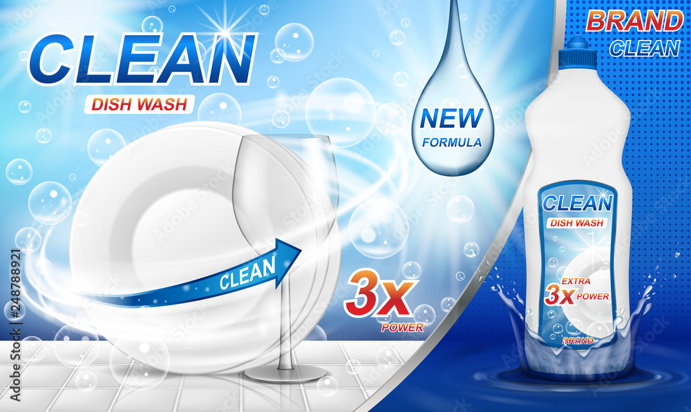 Dish wash soap ads. Realistic plastic dishwashing packaging with label ...