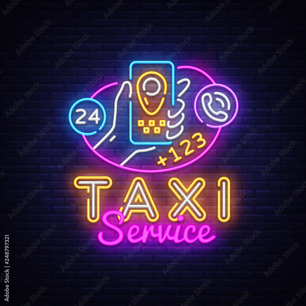 Taxi Service Neon Signboard Vector. Taxi Online neon sign, Hands with ...