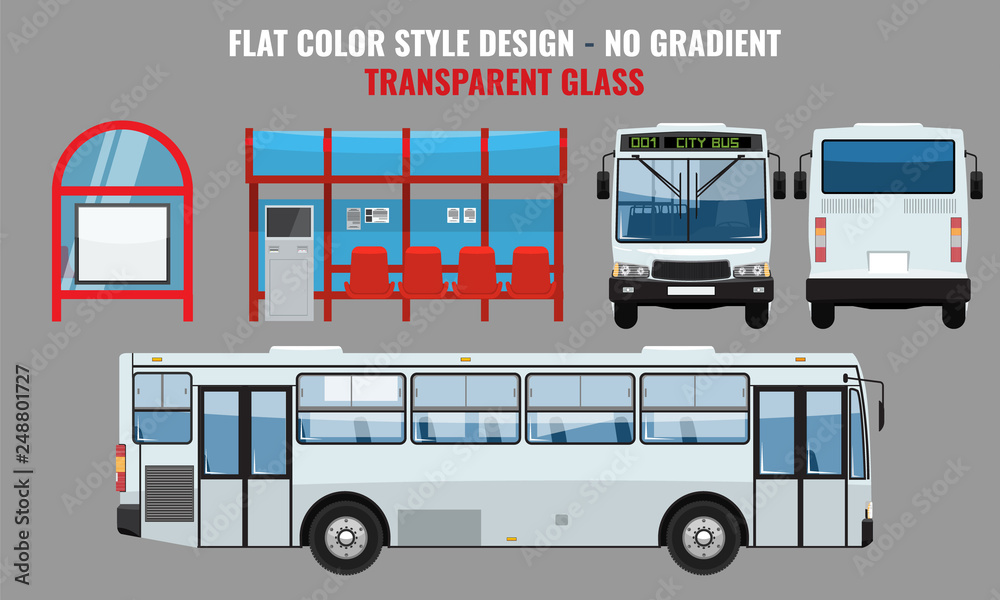 City Bus and Bus stop, side front and back view. Flat color style ...