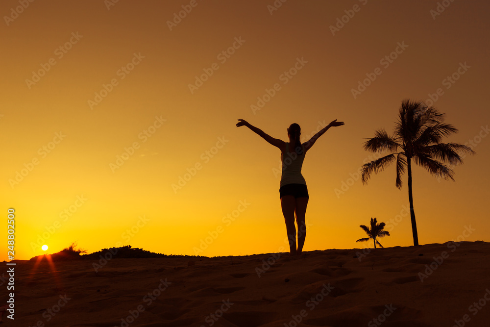 silhouette of happy young woman raising her arms up into the sky Stock ...