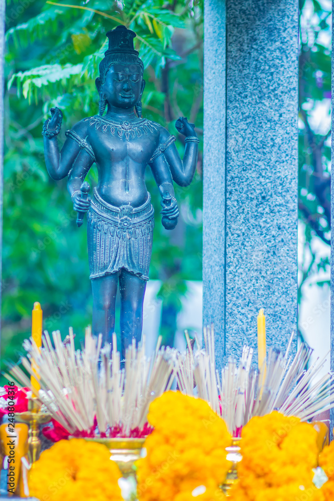 Brahma worship ceremony with marigold wheel flower and incense stick ...