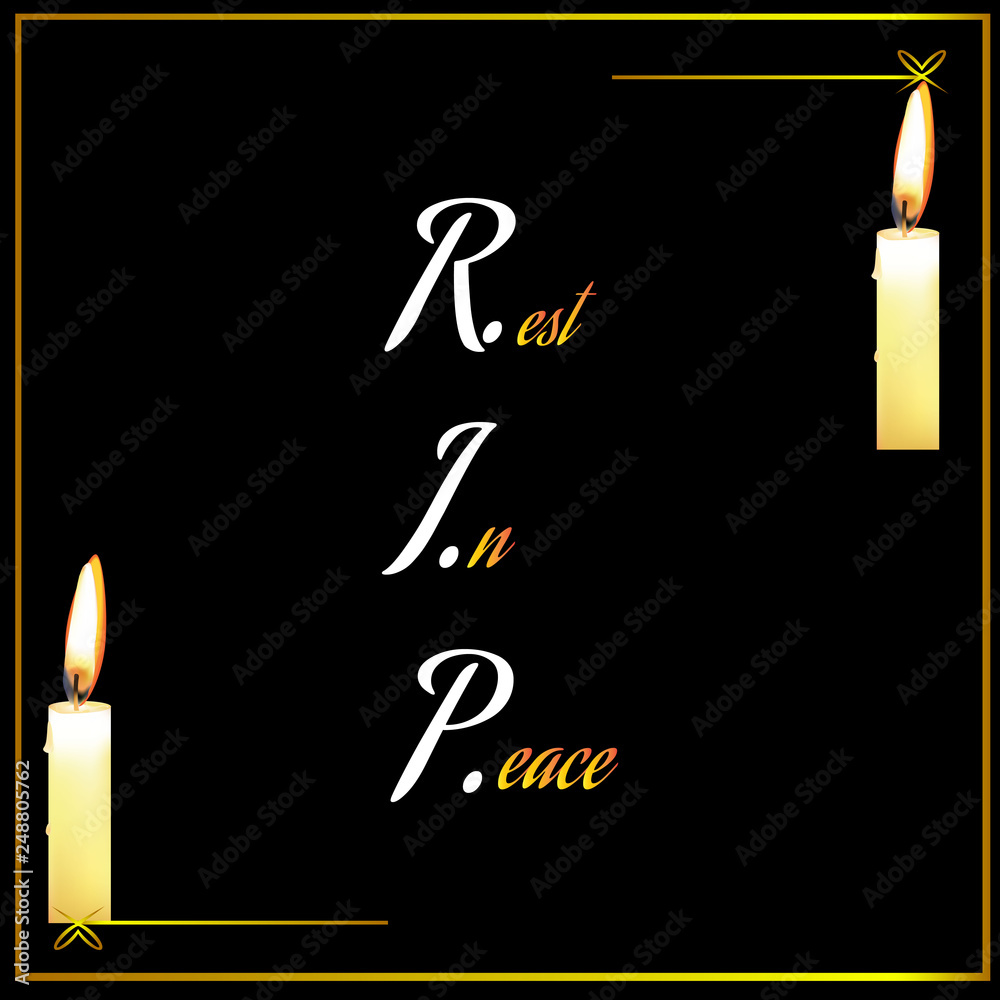 RIP Rest In Peace Background With Golden Frame And Candles Light Stock