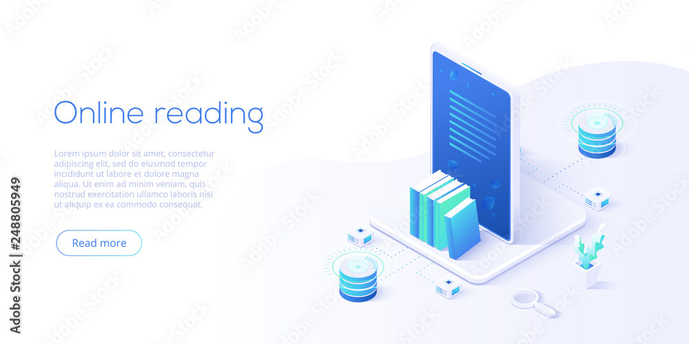 Online library or ebook concept vector illustration in isometric design ...
