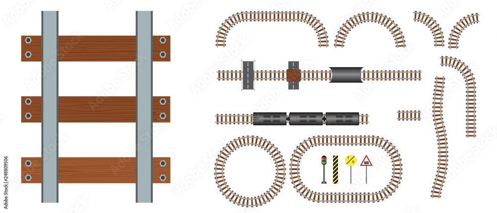 Vector railroad and railway tracks construction elements. Wavy trackway ...