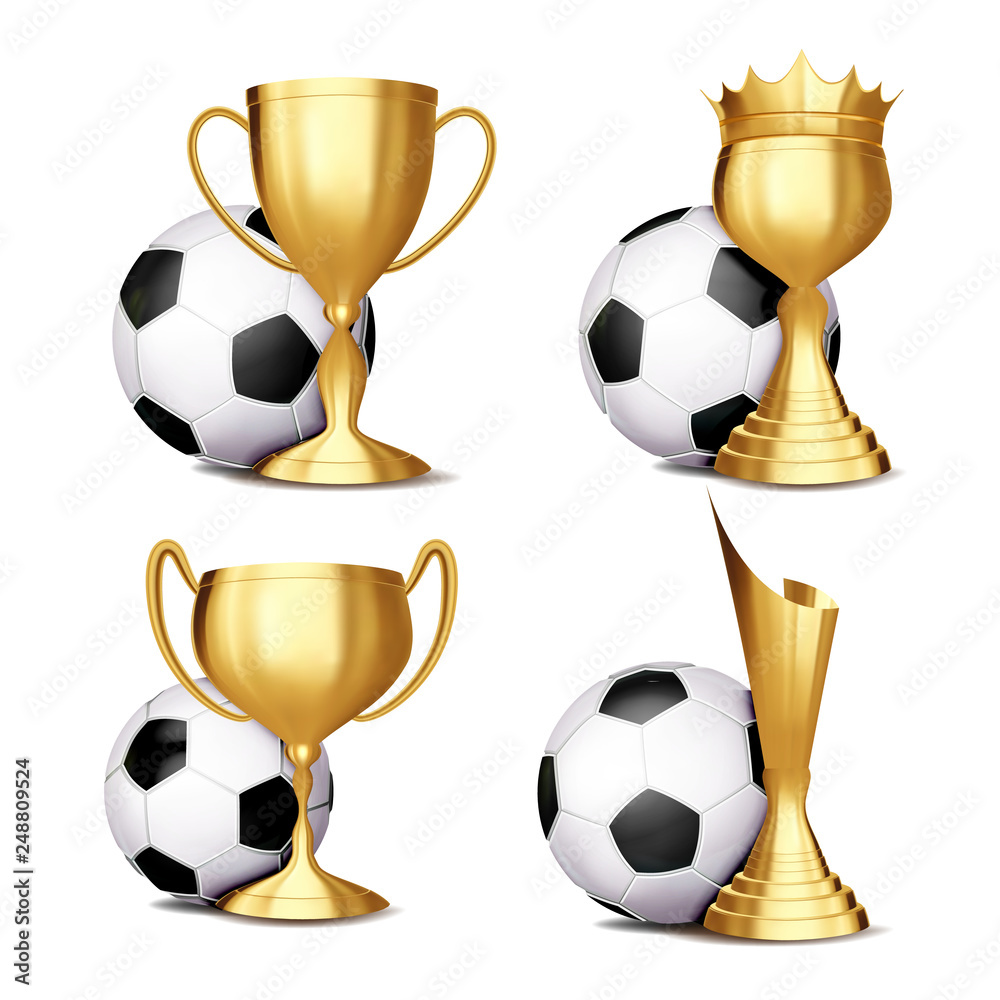 Soccer Game Award Set Vector. Football Ball, Golden Cup. Modern Soccer ...