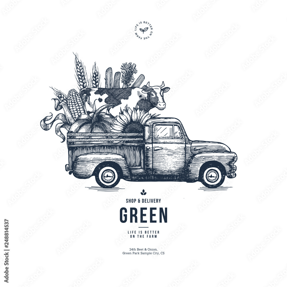 Farm fresh delivery design template. Classic vintage pickup truck with ...