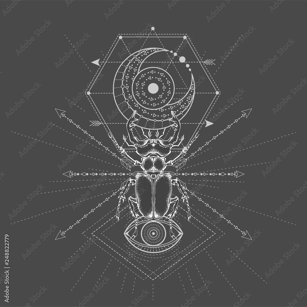 Vector illustration with hand drawn Stag Beetle and Sacred symbol on ...