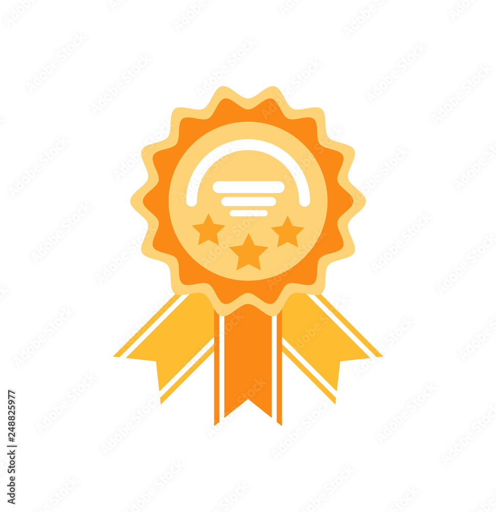 Golden reward with stars and ribbons. Medal prize icon with modern ...