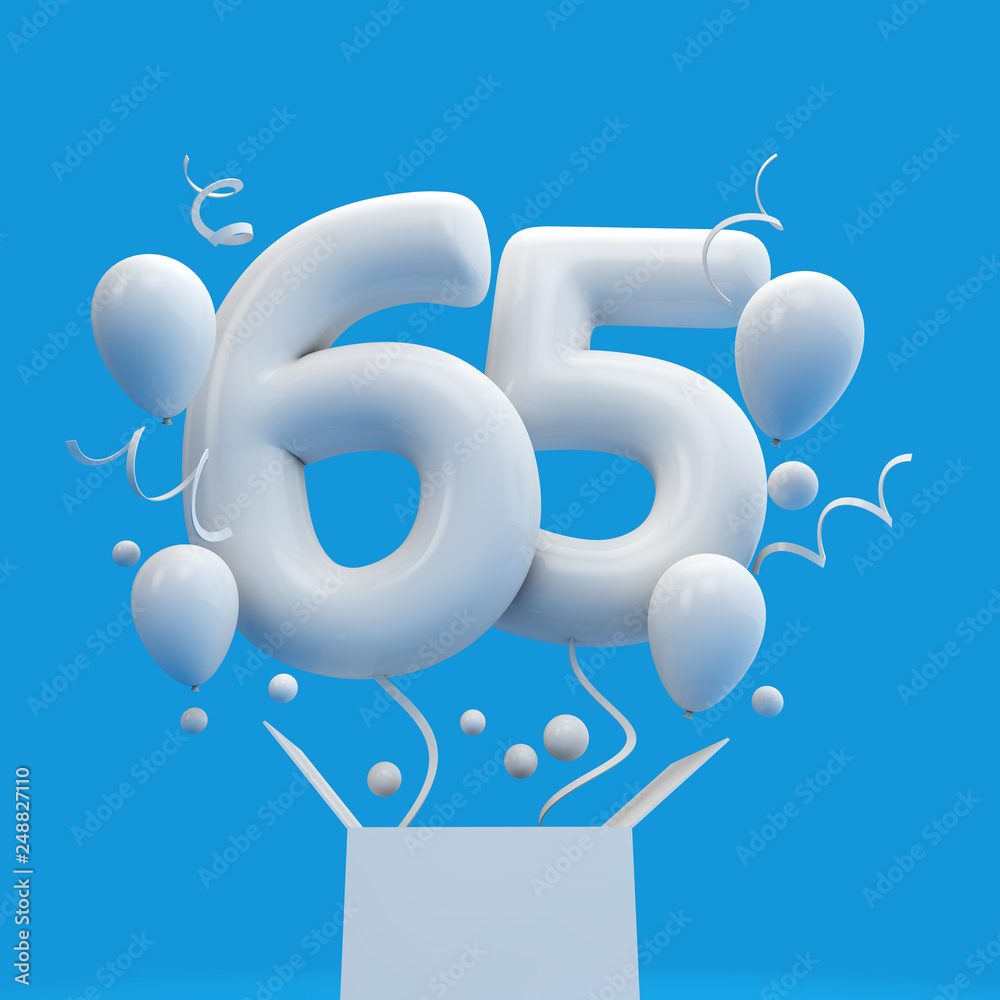 Happy 65th birthday surprise balloon and box. 3D Rendering Stock ...