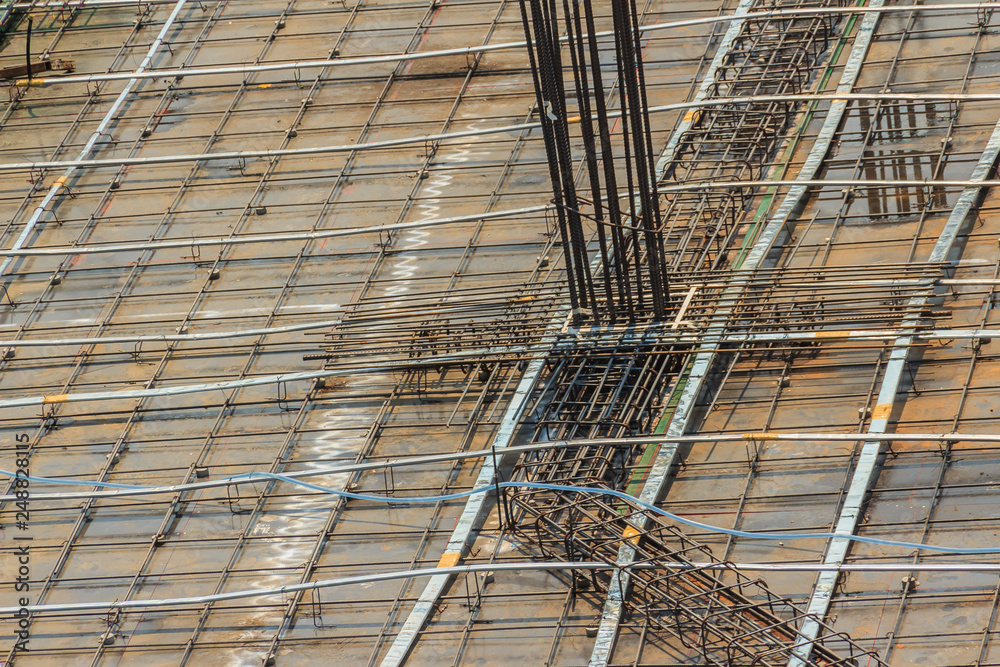 Cleaned floor slab reinforcement bar with post tension cable tendon on ...