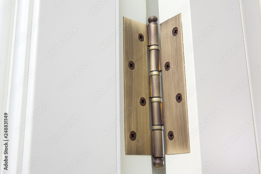 New modern metal door hinges on white wooden doors Stock Photo | Adobe ...