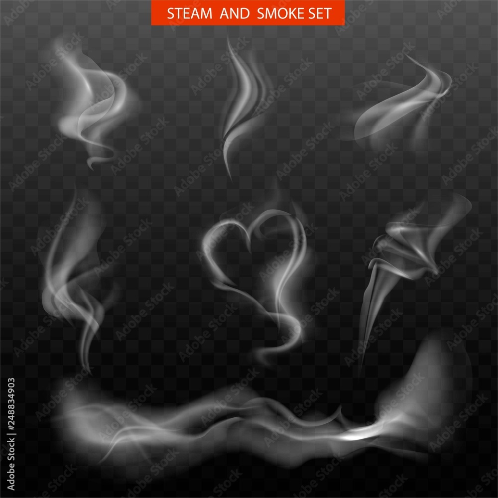 Steam smoke realistic set with hart and swirl shaped white on dark ...