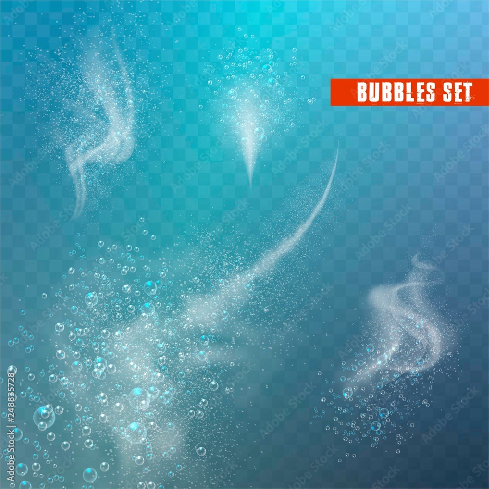 Poster Blue underwater fizzing air bubbles flow on transparent ...