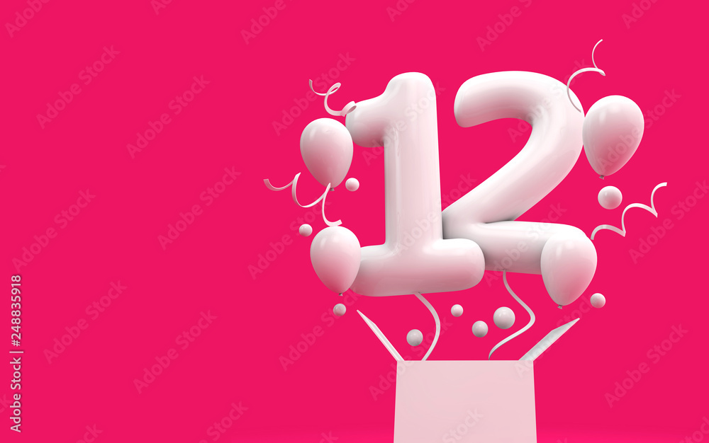 Happy 12th birthday surprise balloon and box. 3D Rendering Stock ...