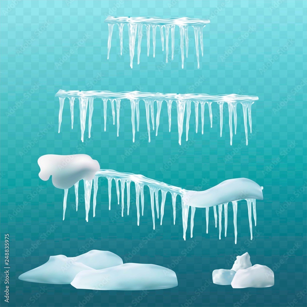 Snow elements. Snowball and snowdrift, icicles and snowcap borders ...