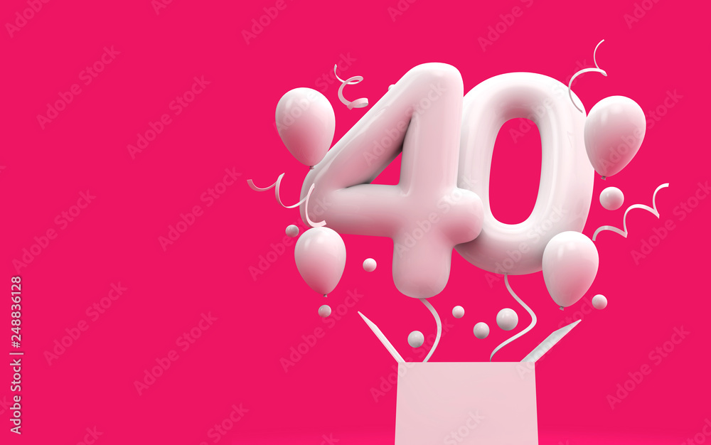 Happy 40th birthday surprise balloon and box. 3D Rendering Stock ...