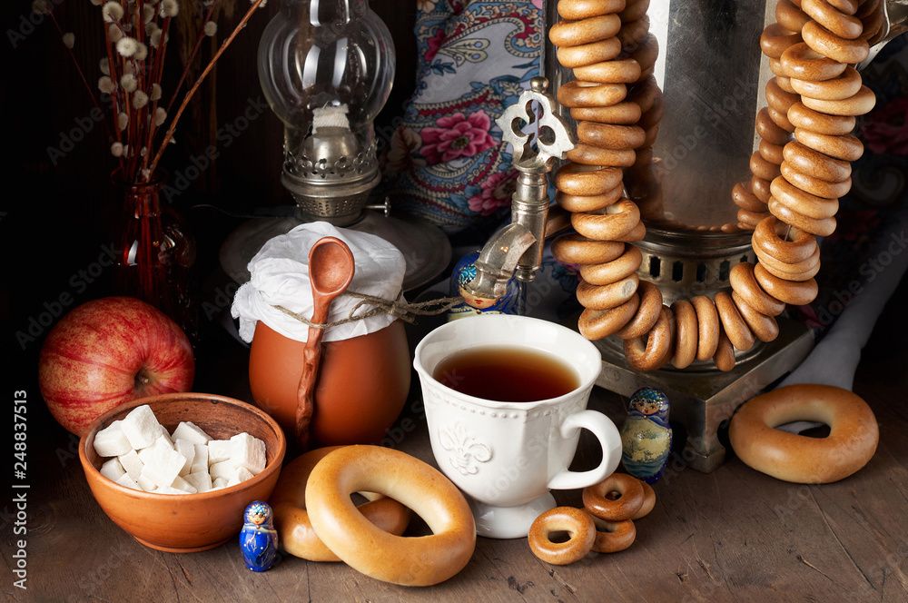 Russian Tea Party including black tea from samovar, lump sugar, bagels ...