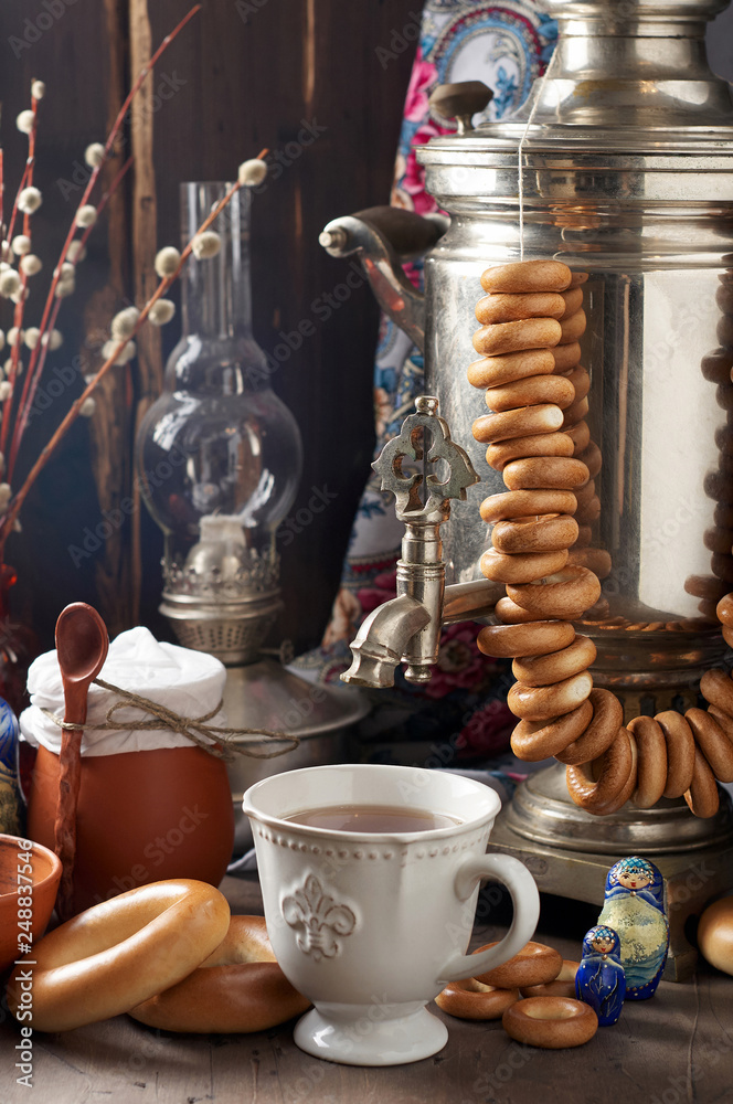 Russian Tea Party including black tea from samovar, lump sugar, bagels ...