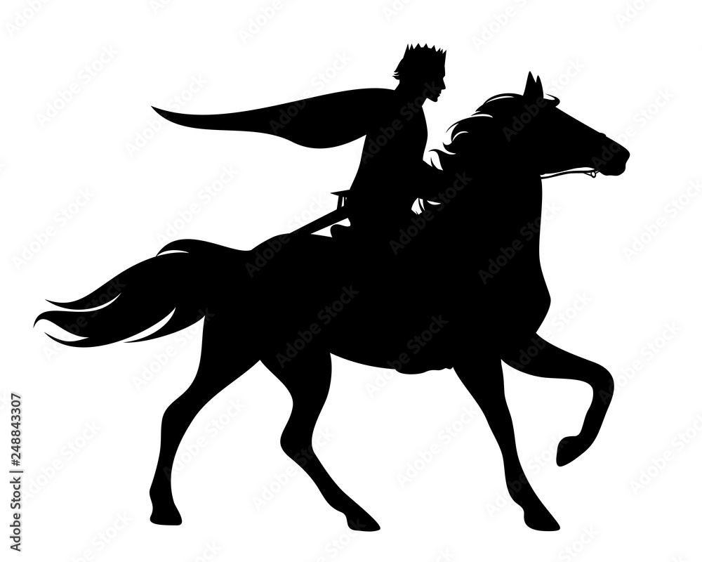 prince with crown and cloak riding a running horse - black vector ...
