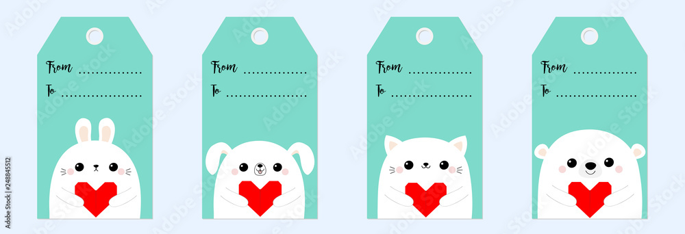 Happy Valentines Day gift tag set. Bear cat kitten rabbit hare dog ...
