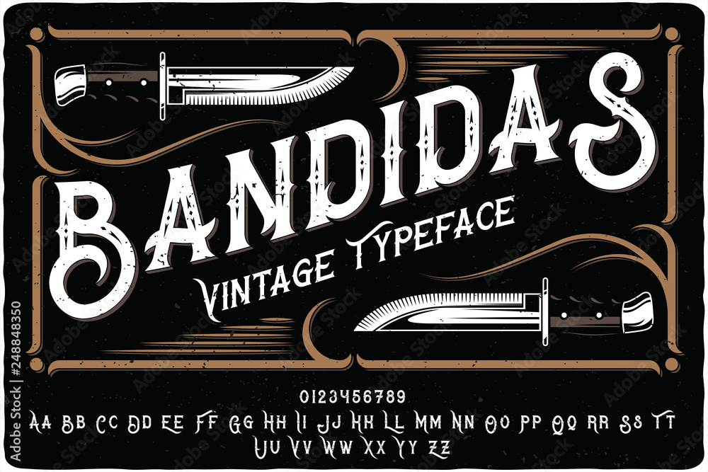 Vintage font set named "Bandidas" with decorative ornate and ...