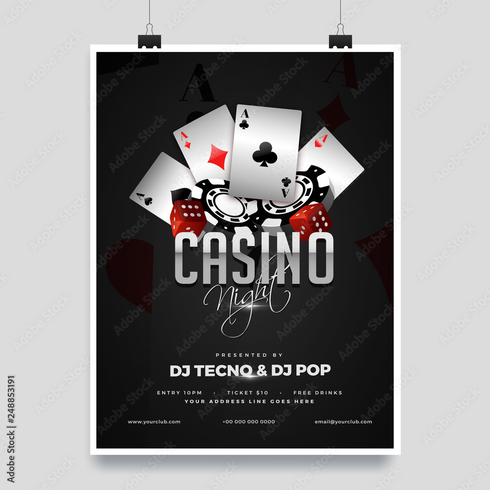Casino night party template design with casino element on shiny black ...