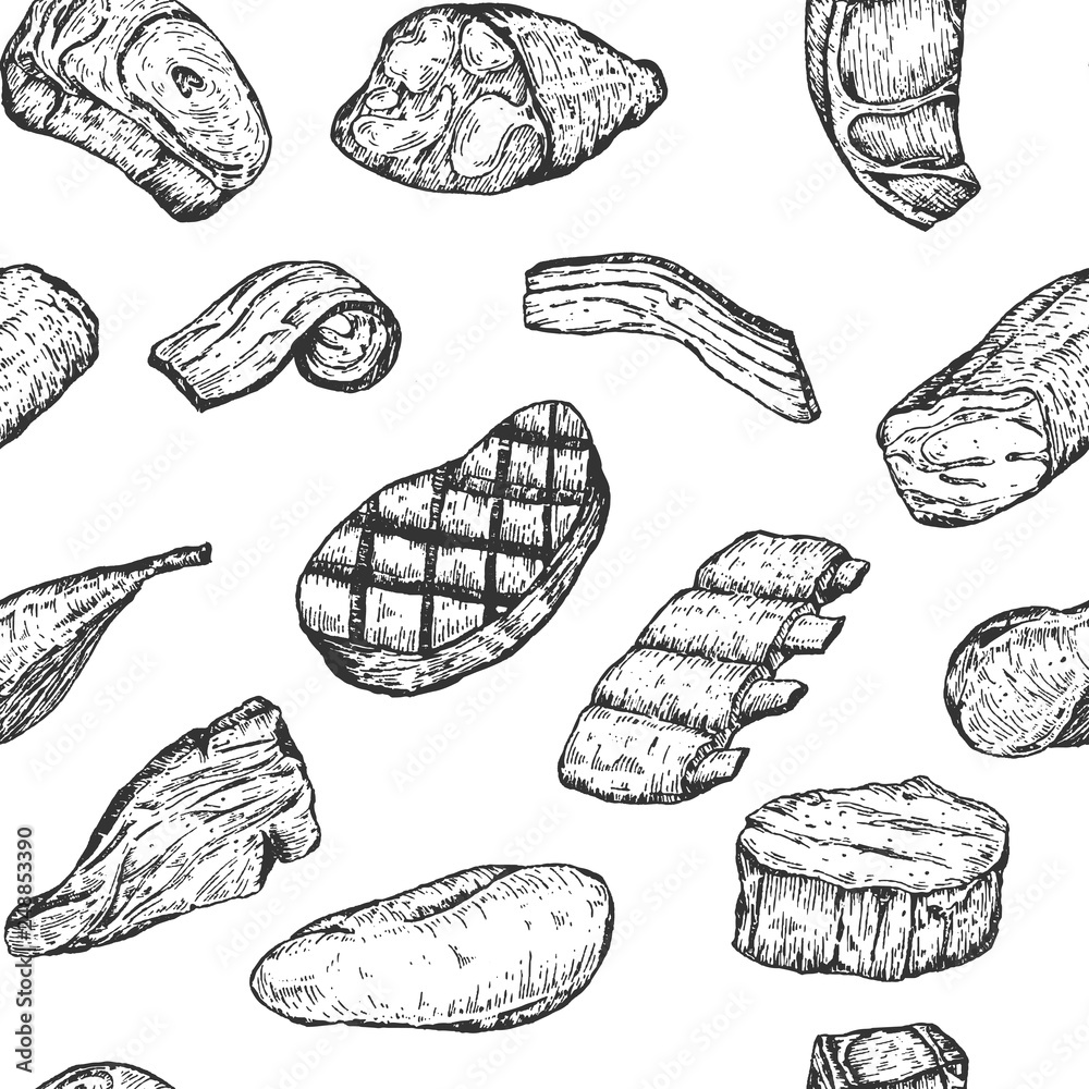 Cartoon seamless pattern with different meat products. Vintage retro ...