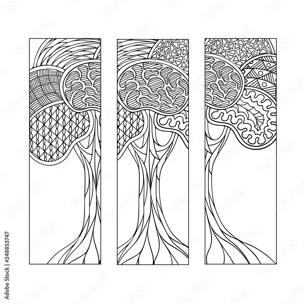 Set of three bookmarks. Black and white hand drawing zendoodle tree ...