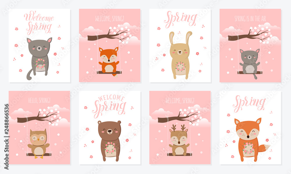 Vector poster collection with cute animals and spring slogan Stock ...