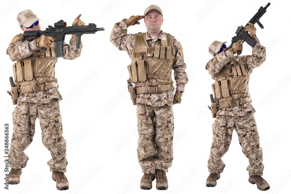 Set of military soldiers in uniform, ready to fight. Isolated on white ...