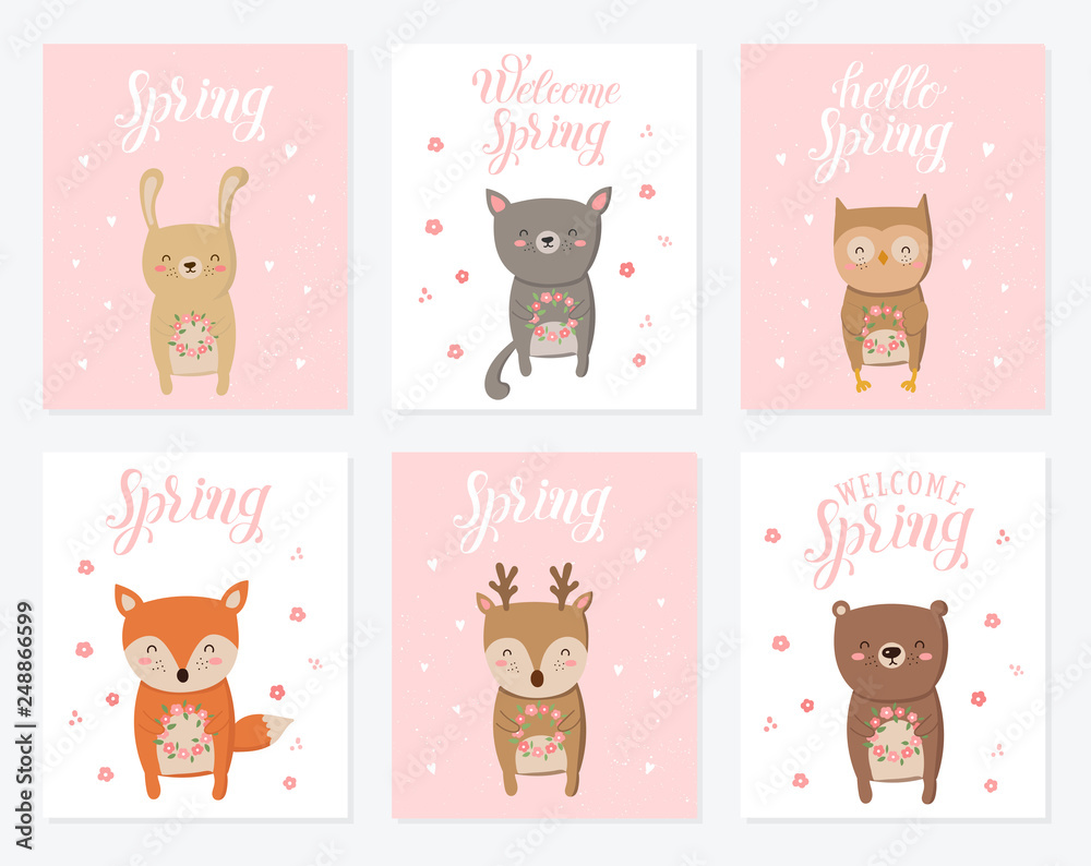 Vector poster collection with cute animals and spring slogan Stock ...