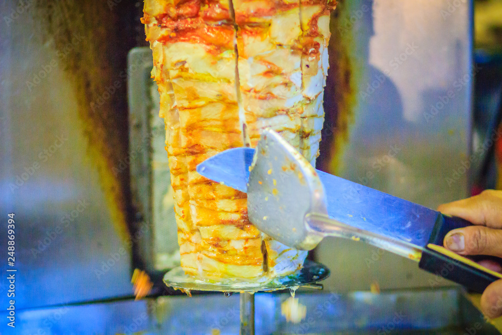 Traditional Turkish food, Doner Kebab in the restaurant. Lamb and ...