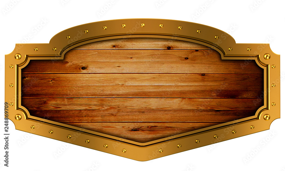 Medieval wood sign with metal golden frame. 3d render. Stock ...
