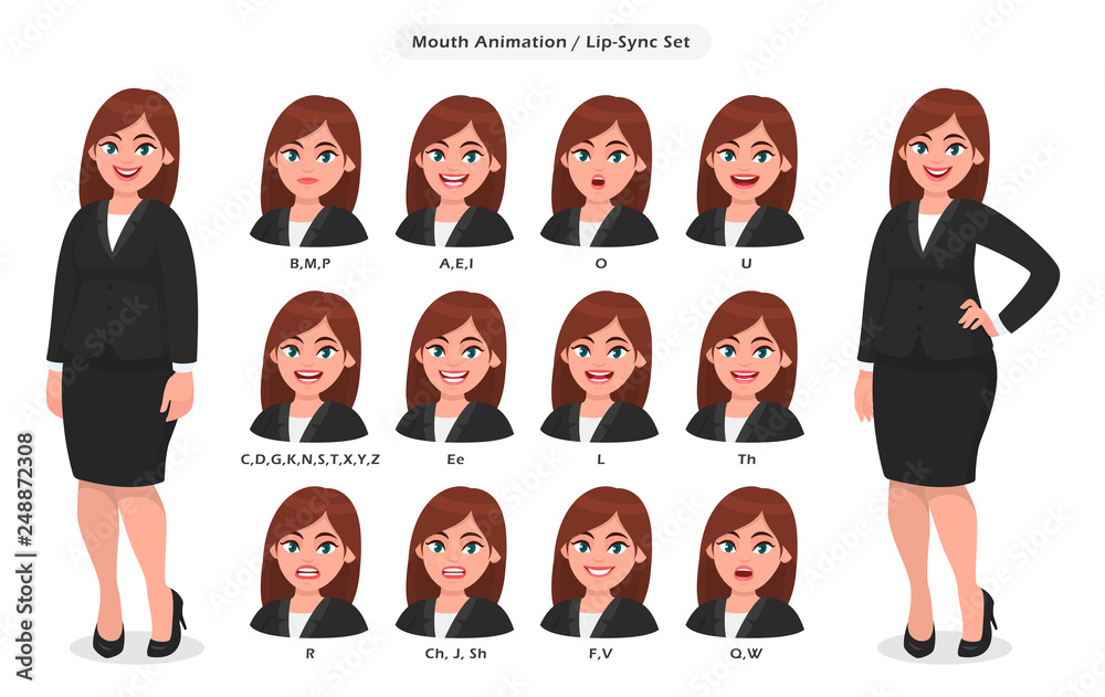 Businesswoman's lip sync, animated phonemes collection for animation ...